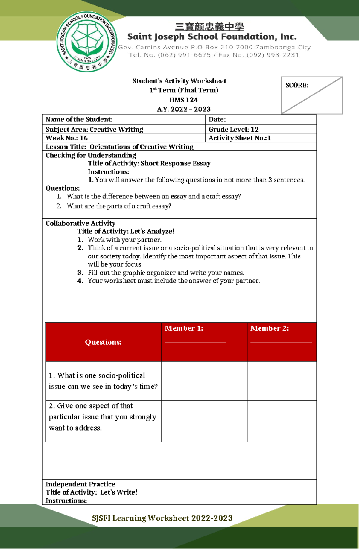 HMS124 Week 7 Activity Worksheet - Student’s Activity Worksheet 1 st Term (Final Term) HMS 124 A ...