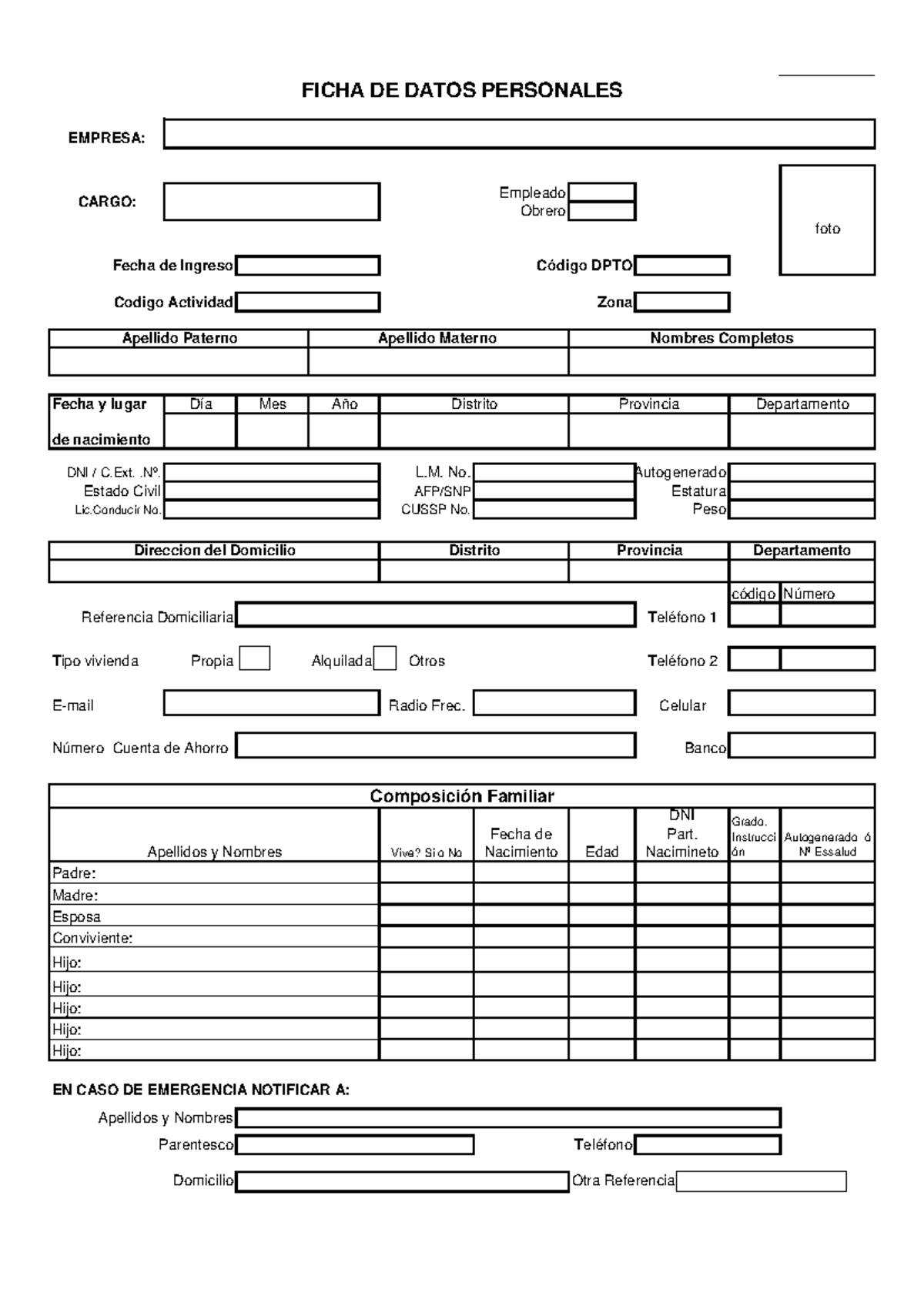 Ficha DE Datos Personales - Formato - EMPRESA: Empleado Obrero foto ...