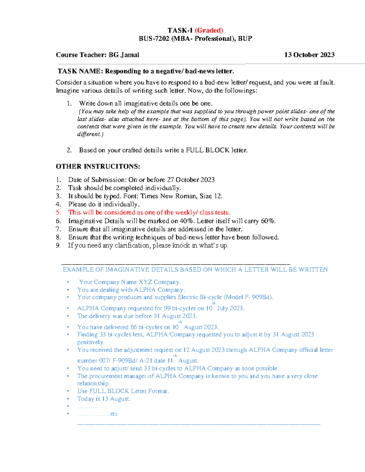 Task-1 (Letter Wiritng) - TASK- 1 (Graded) BUS- 7202 (MBA- Professional), BUP Course Teacher: BG ...