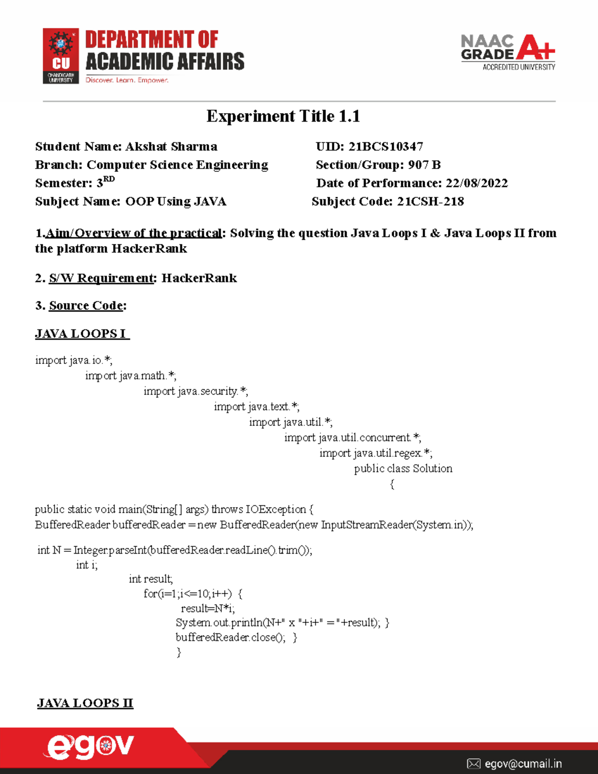 21BCS10347 JAVA 1 - CCC - Experiment Title 1. Student Name: Akshat ...