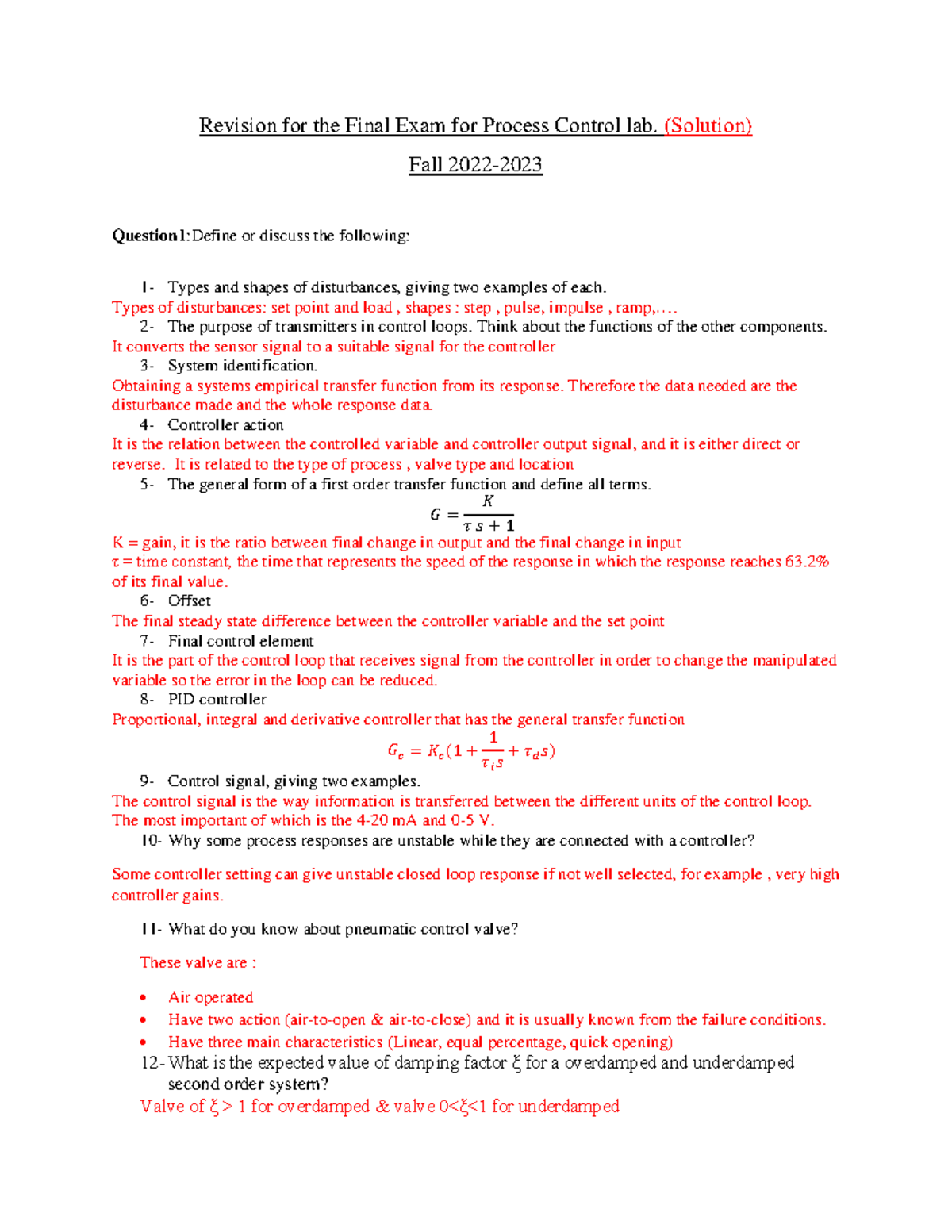 Revision for the Final Control lab 3 - Revision for the Final Exam for Process Control lab ...