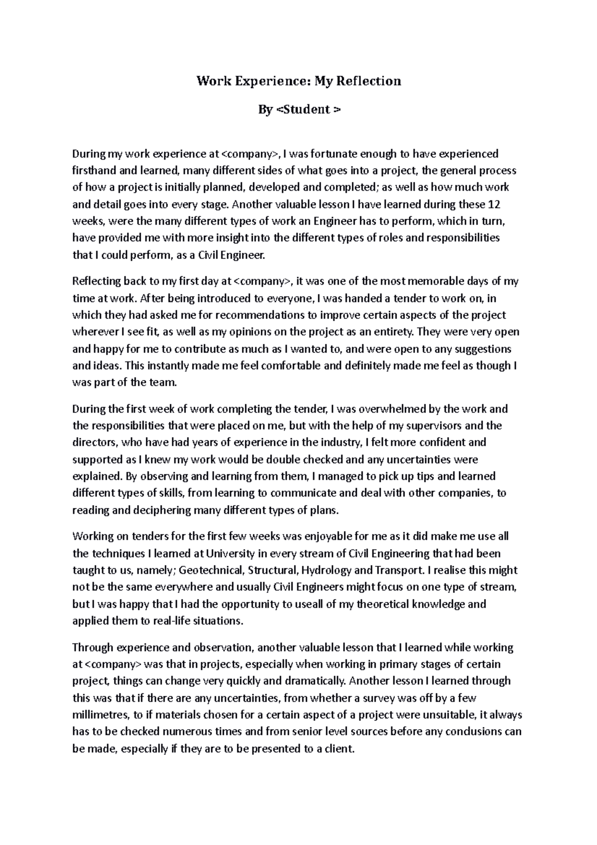 Reflective essay example 50 - Work Experience: My Reflection By During ...