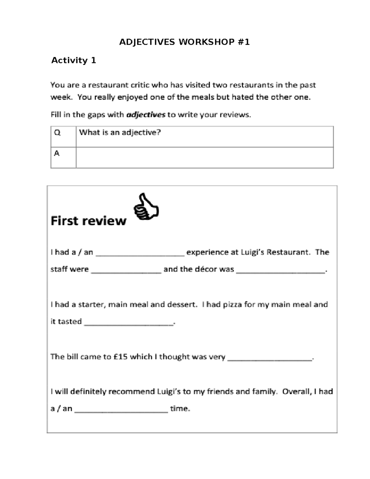 Adjectives Workshop - Travel Guide - ADJECTIVES WORKSHOP # Activity ...