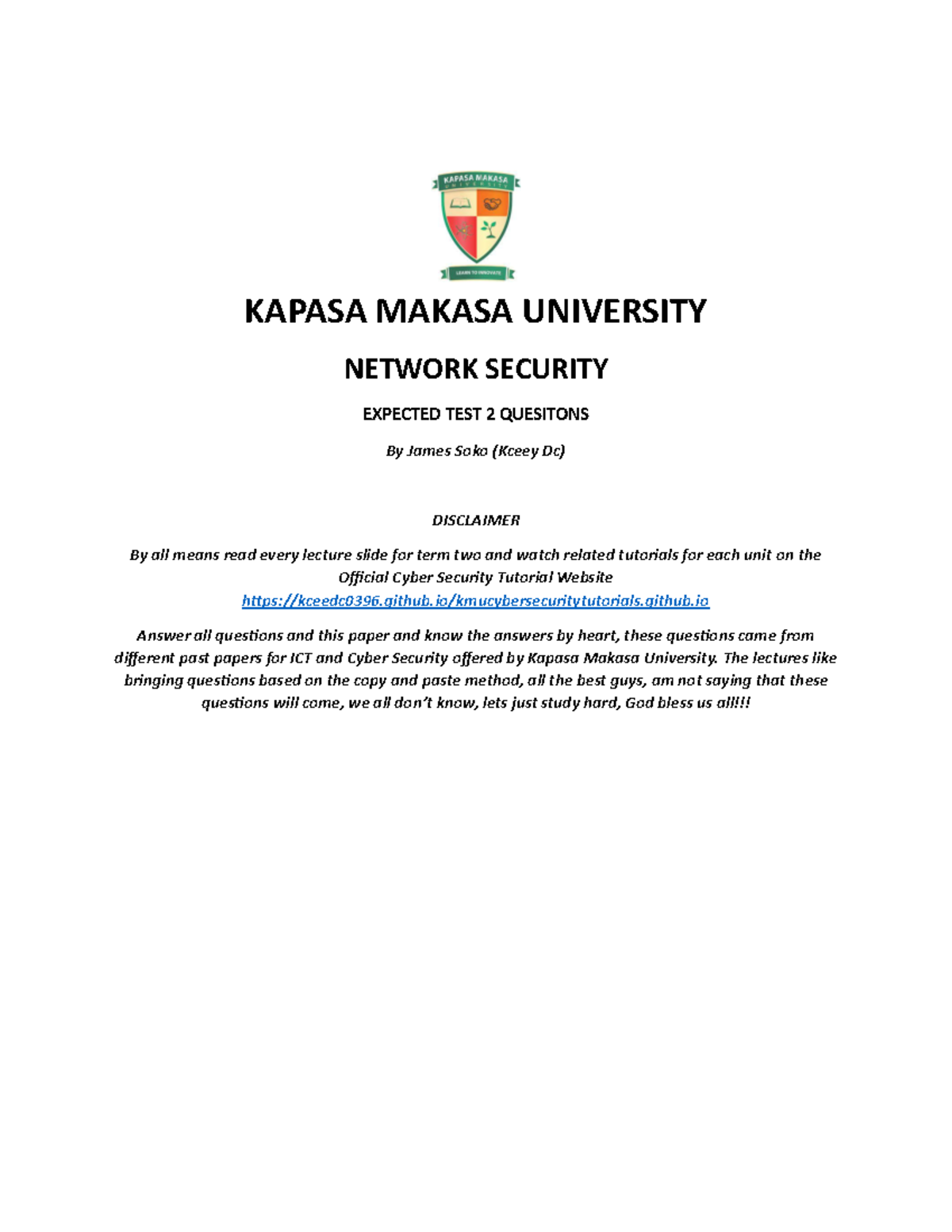 Network Security - Expected Test 2 Questions (By James Soko) - KAPASA ...