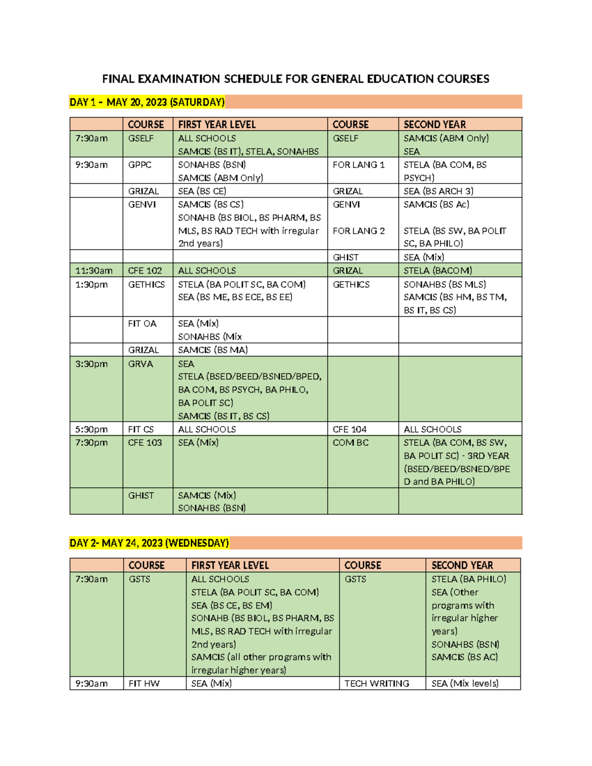 Final Examination Schedule General Education 2ND SEM 2022 2023 - FINAL ...