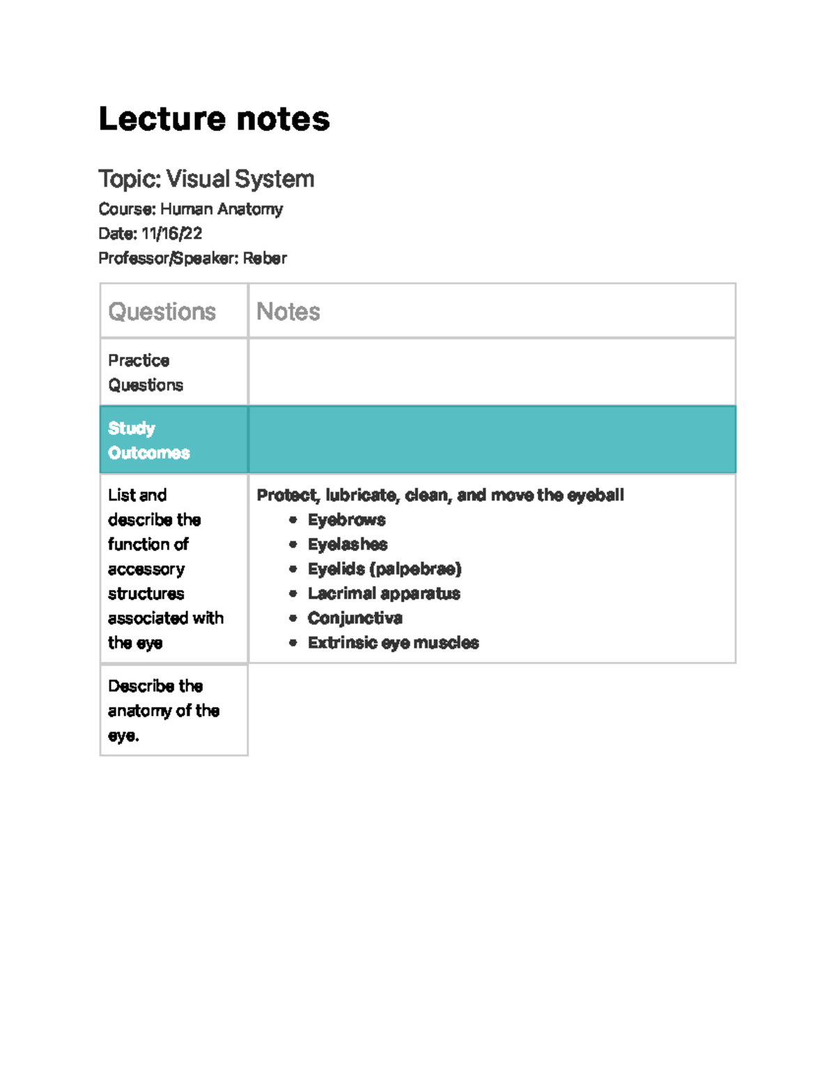 Visual System - Le c t u re n o te s Topic: Visual System Course: Human ...