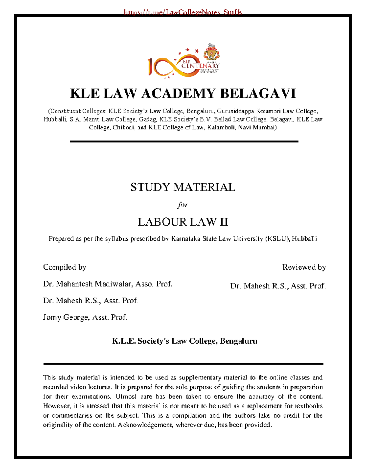 Labour Law II - KLE Law Academy Notes - KLE LAW ACADEMY BELAGAVI ...