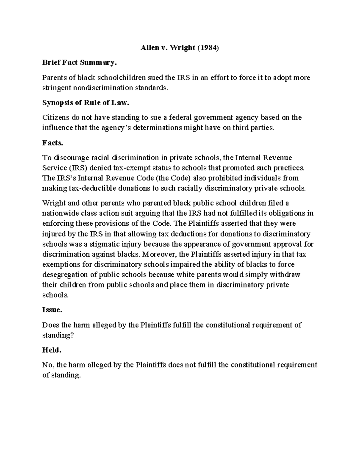 Allen v. Wright (1984) - Case Brief - Allen v. Wright (1984) Brief Fact ...