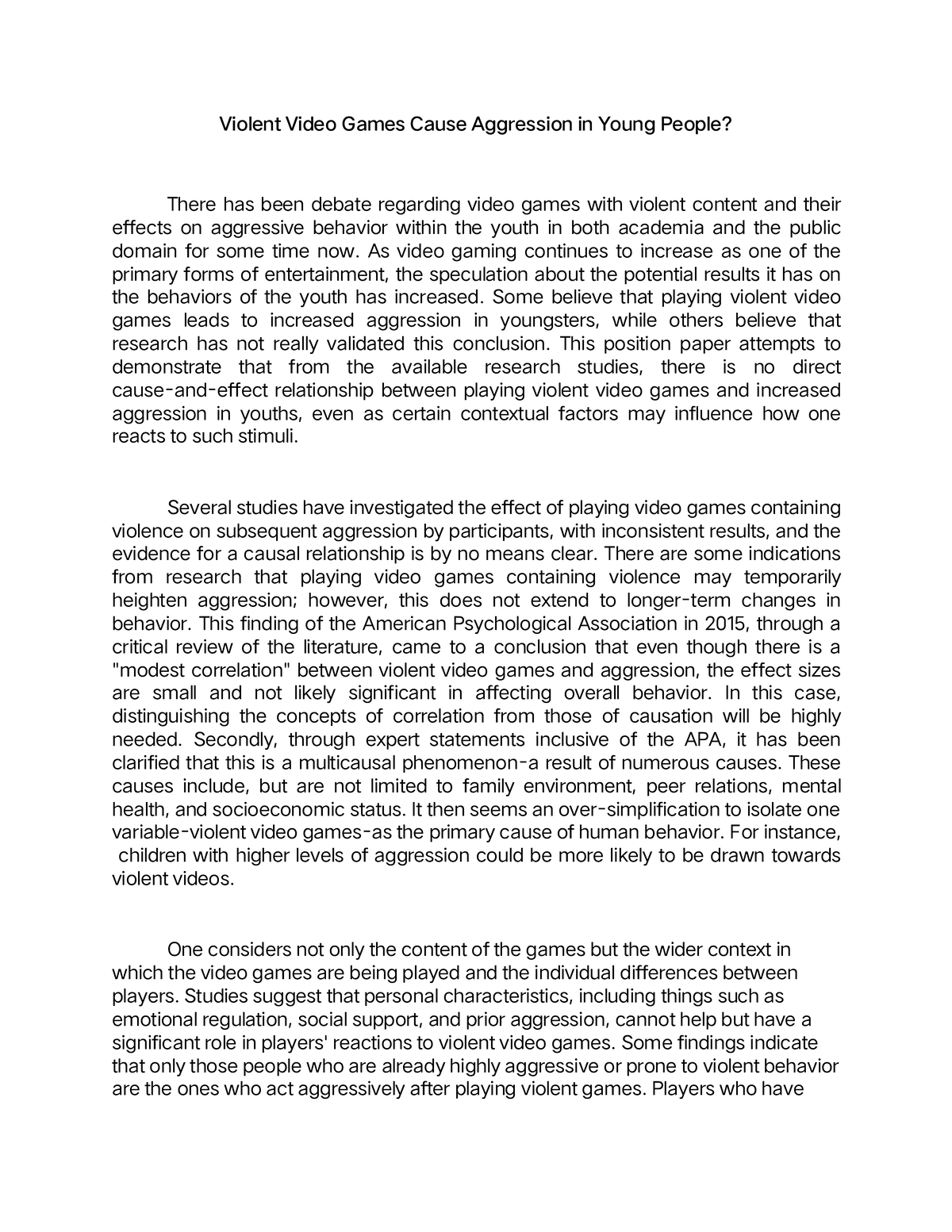 Violent Video Games Cause Aggression in Young People. final - Violent ...