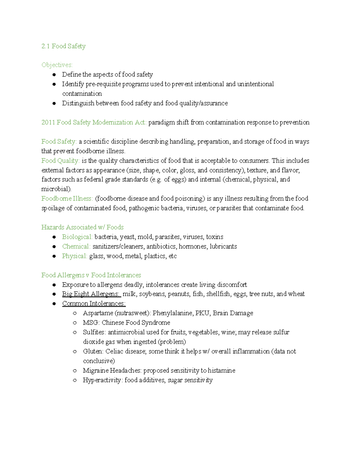 FSN 125 Midterm 2 - Lecture notes 3 - 2 Food Safety Objectives: Define ...