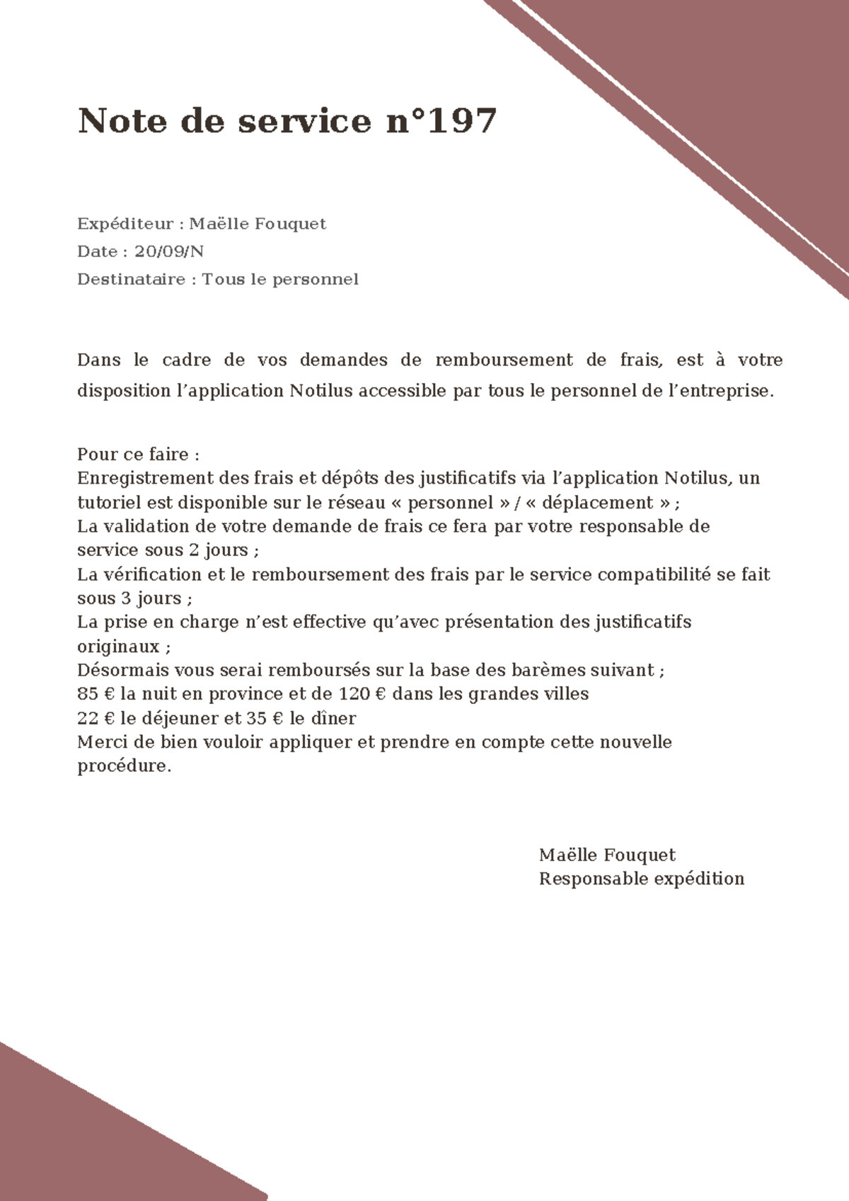 Note de service Maëlle Fouquet - Note de service n° Expéditeur : Maëlle ...