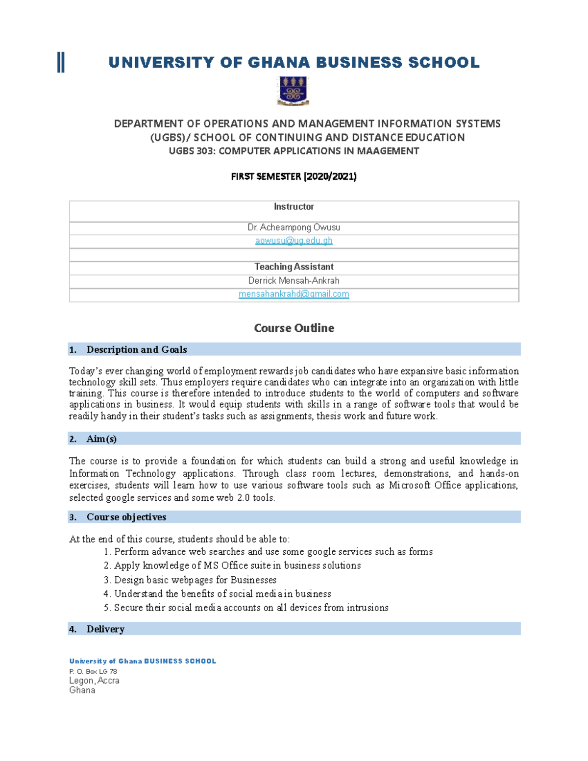 UGBS 303 - Course Outline Revised - University of Ghana BUSINESS SCHOOL ...