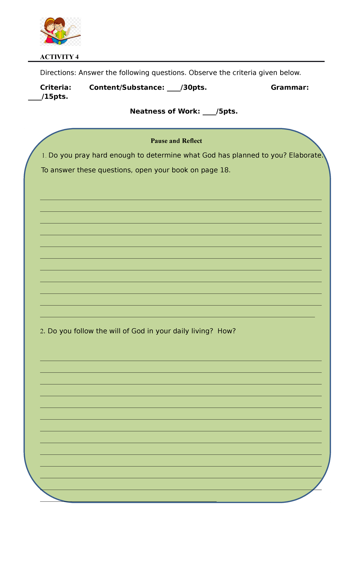 Religion 10 Lesson 2 Sept 29 Oct 2 - ACTIVITY 4 Directions: Answer the ...