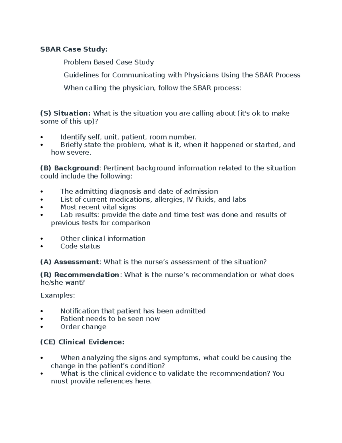 SBAR Case Study - homework - SBAR Case Study: Problem Based Case Study ...