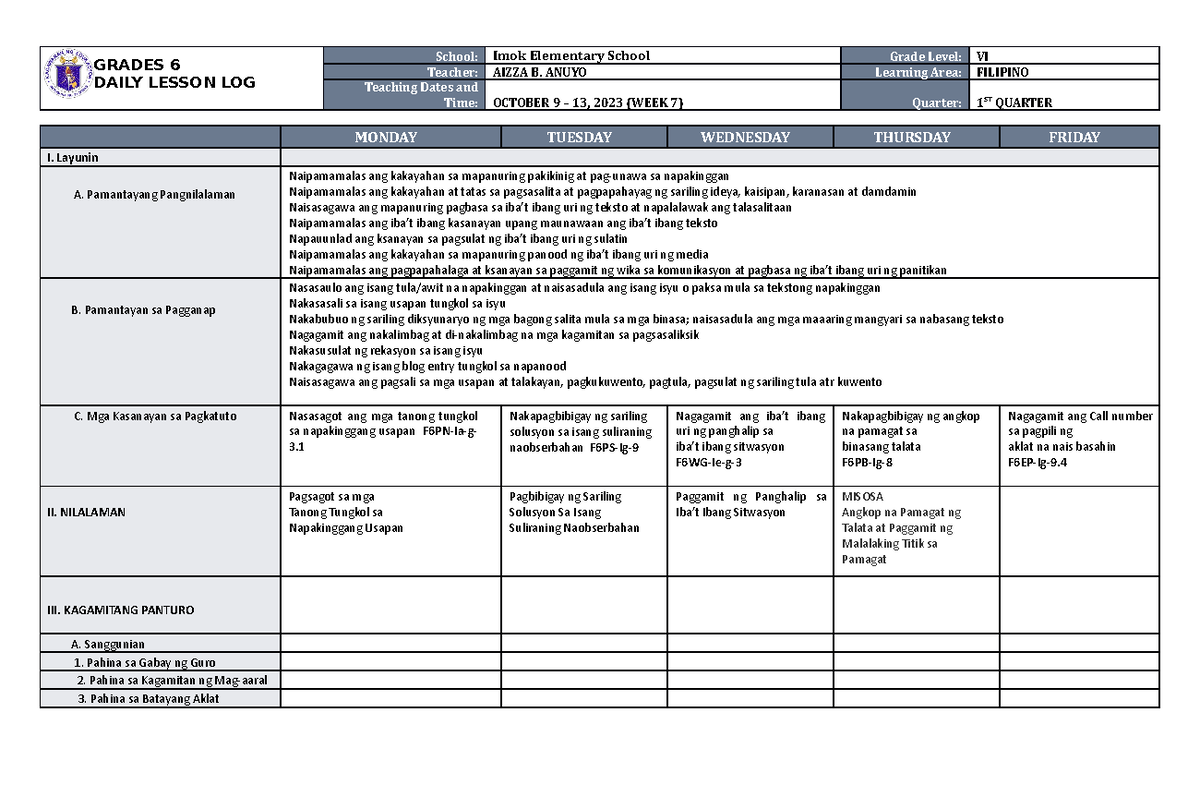 DLL Filipino-6 Q1 W7 - Sample DLL used in public schools - GRADES 6 DAILY LESSON LOG School ...