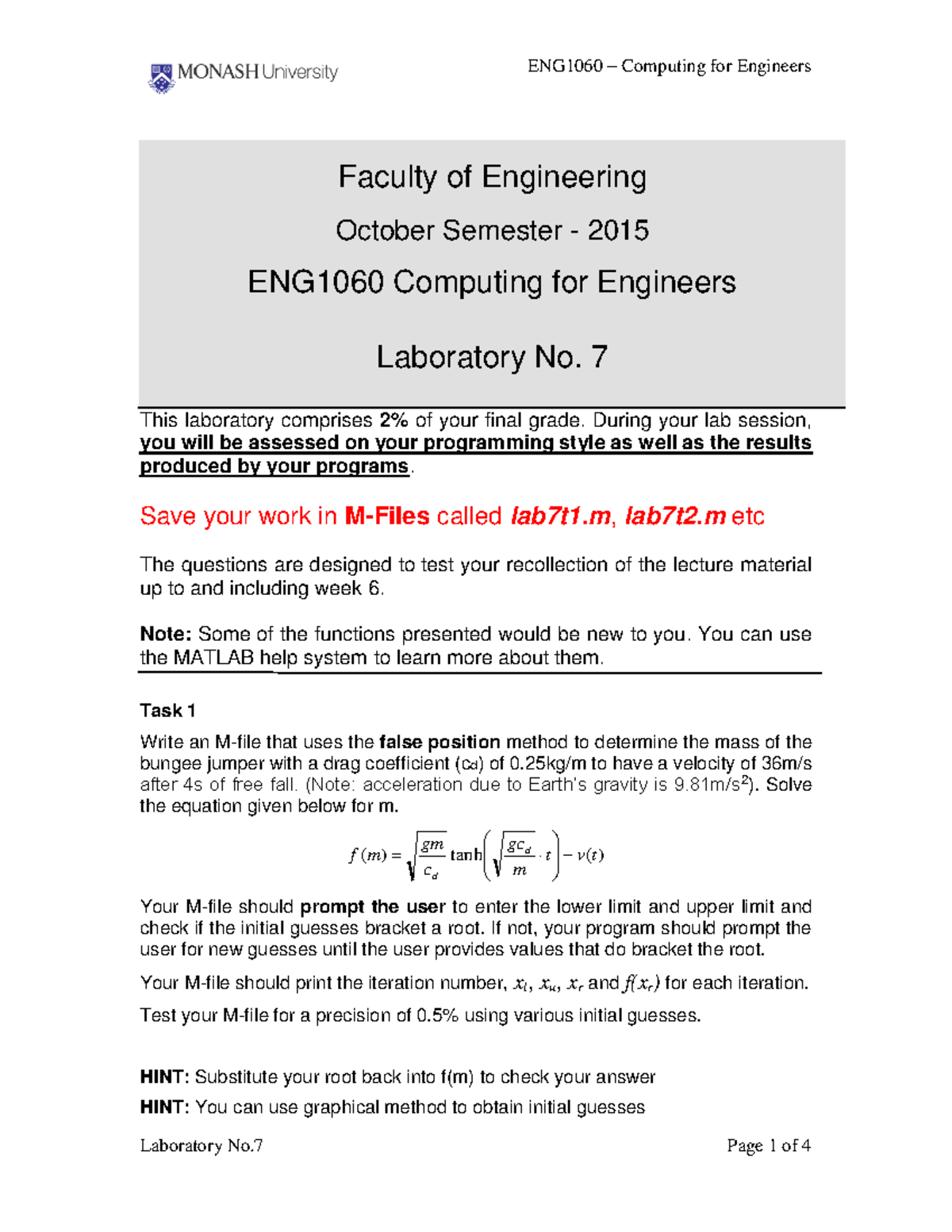 Laboratory 7 - MATLAB Lab 7 - ENG1060 – Computing for Engineers Faculty ...