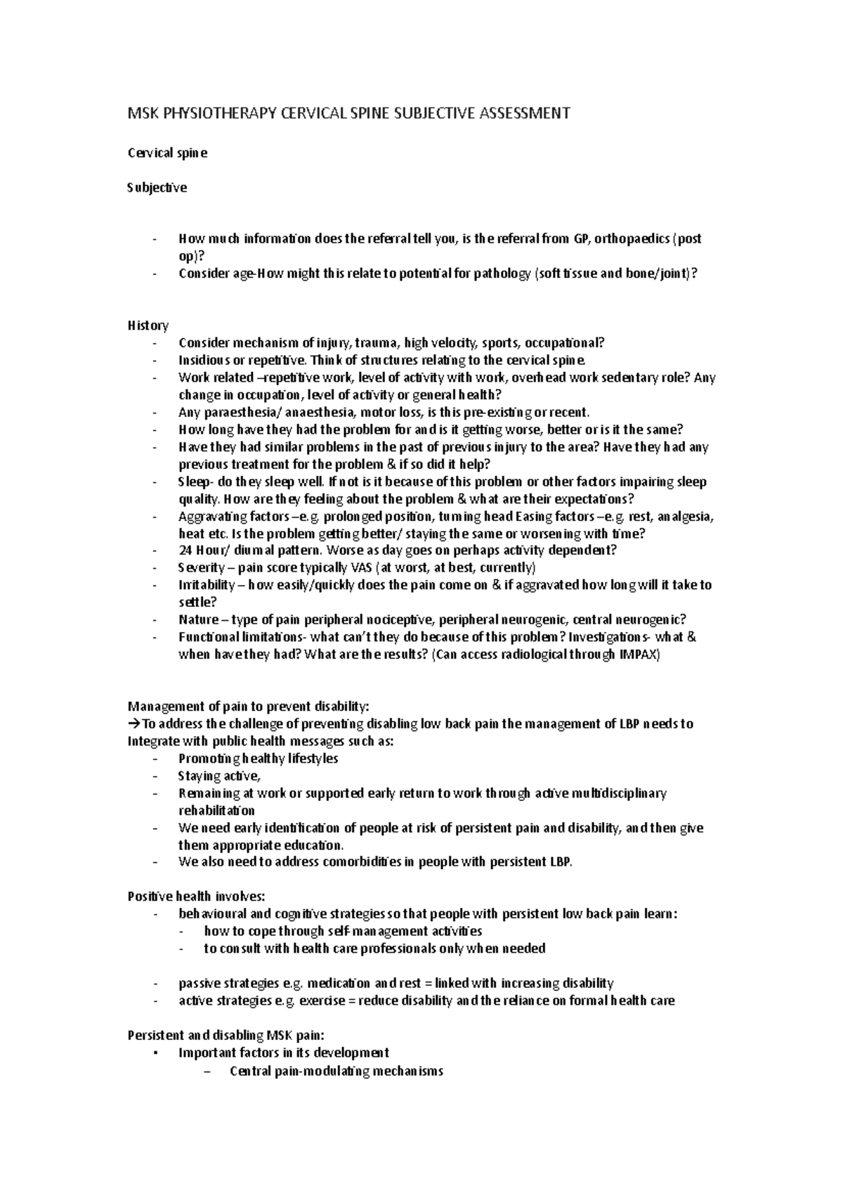 MSK Physiotherapy Cervical Spine Subjective Assessment - Southampton ...