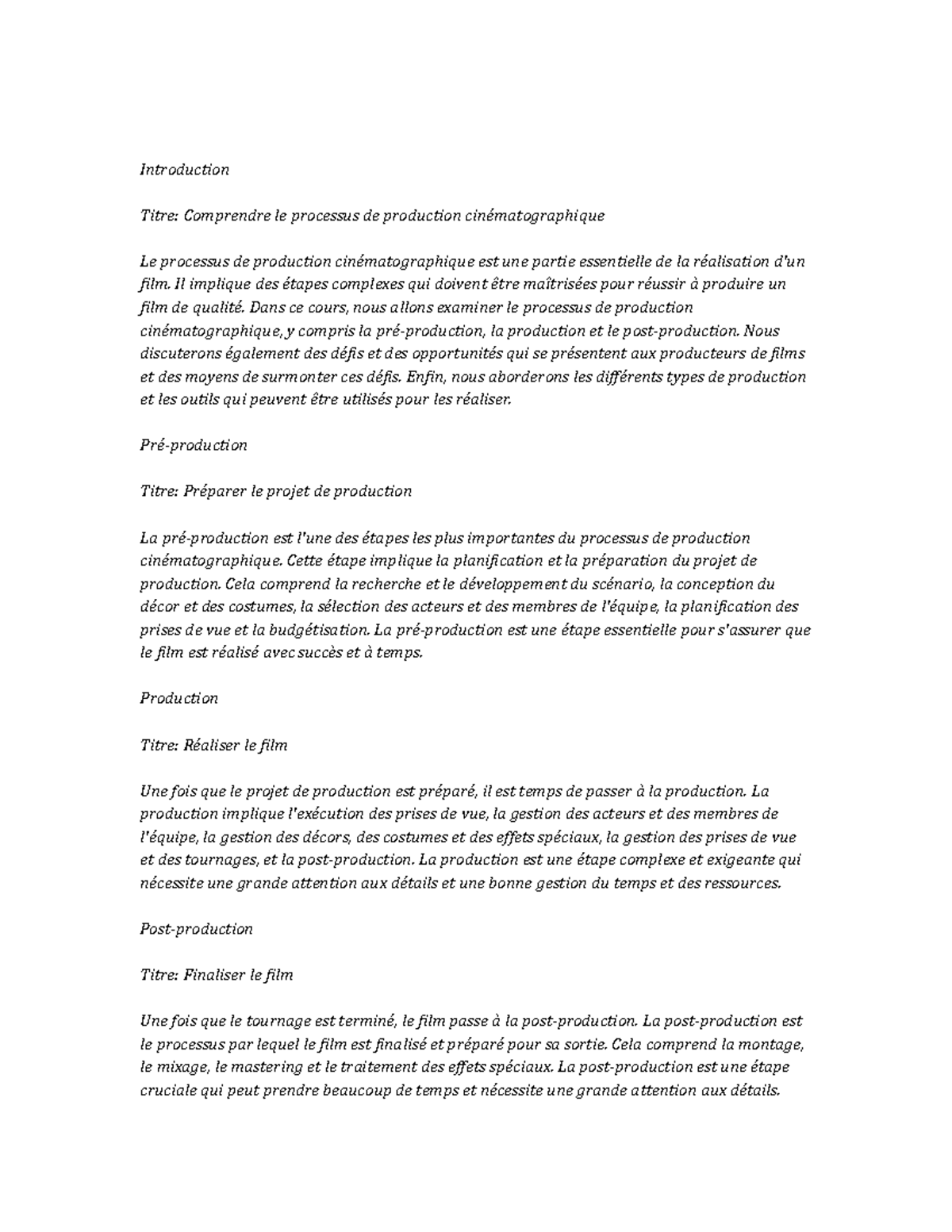 Film Production Notes de cours - Introduction Titre: Comprendre le ...