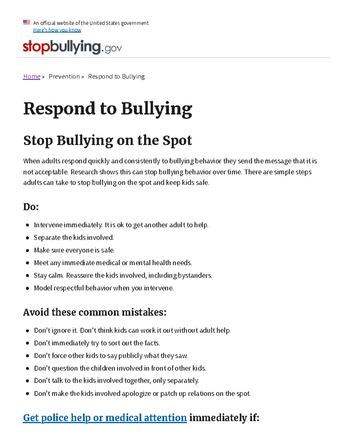 Respond to Bullying Stop Bullying - Home » Prevention » Respond to ...
