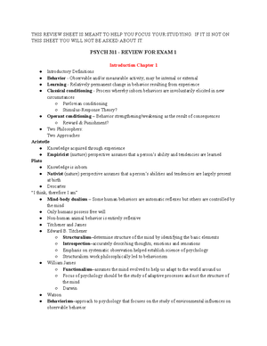 Psych 311 - Exam 3 Review Sheet - PSYCH 311 - REVIEW FOR EXAM 3 Escape ...