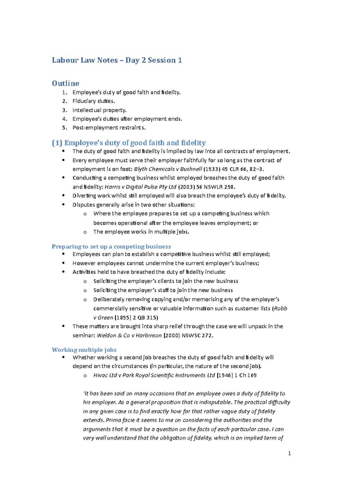 Day 2 Session 1 Notes - Labour Law Notes – Day 2 Session 1 Outline 1. 2 ...