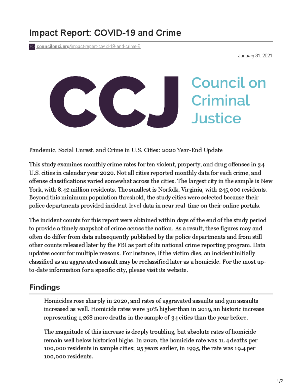 CCJ 2021 ( Covid-19 and Crime Brief) - 1/ January 31, 2021 Impact ...