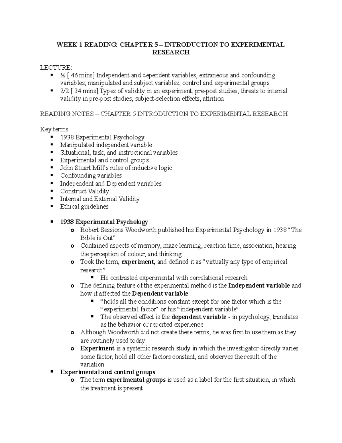 Week 1 of PSYC 2O3O Introduction TO Experimental Research - WEEK 1 ...