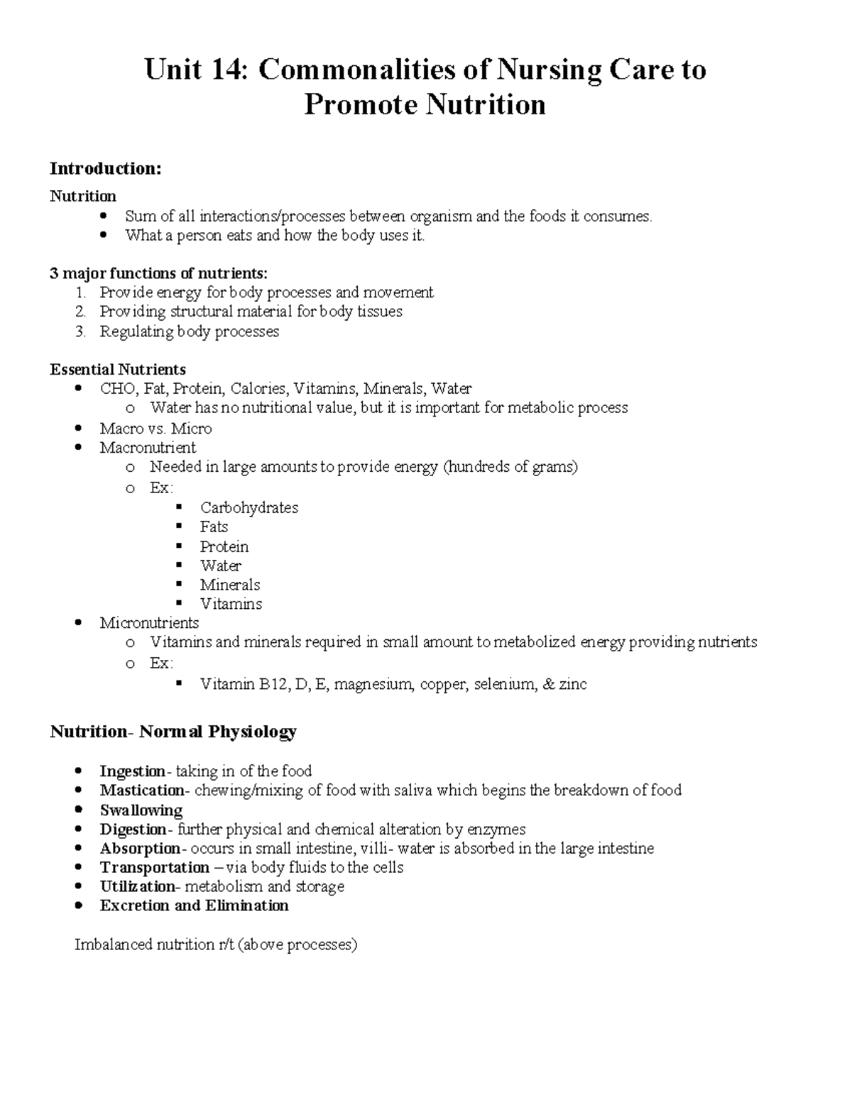 Unit 14 - Nutrition - Unit 14: Commonalities of Nursing Care to Promote ...