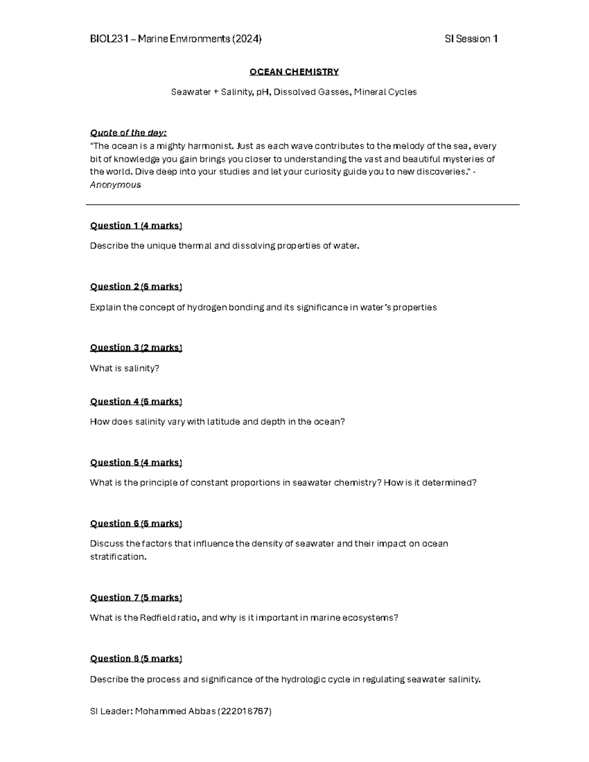 BIOL231 SI session 1 Worksheet - BIOL231 – Marine Environments (2024 ...