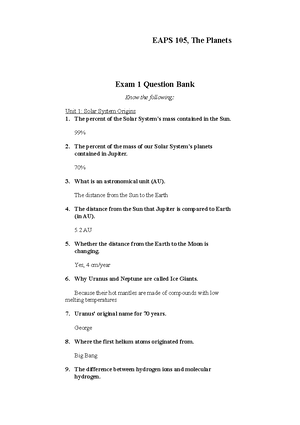 Exam 1 Study Guide - EAPS 105, The Planets Exam 1 Study Guide Know the ...