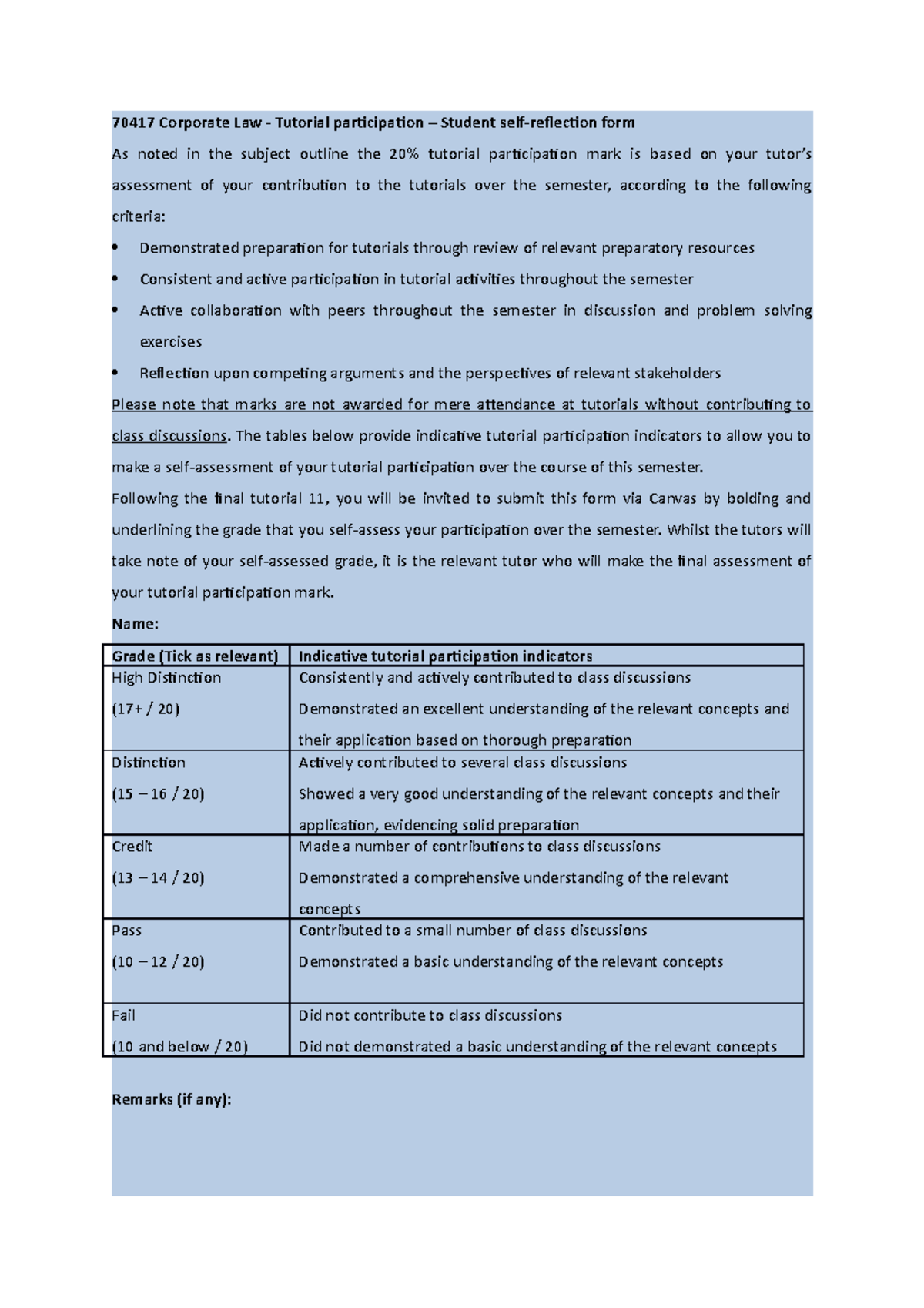 Spring 2021 70417 Corporate Law - Tutorial participation – Student self ...