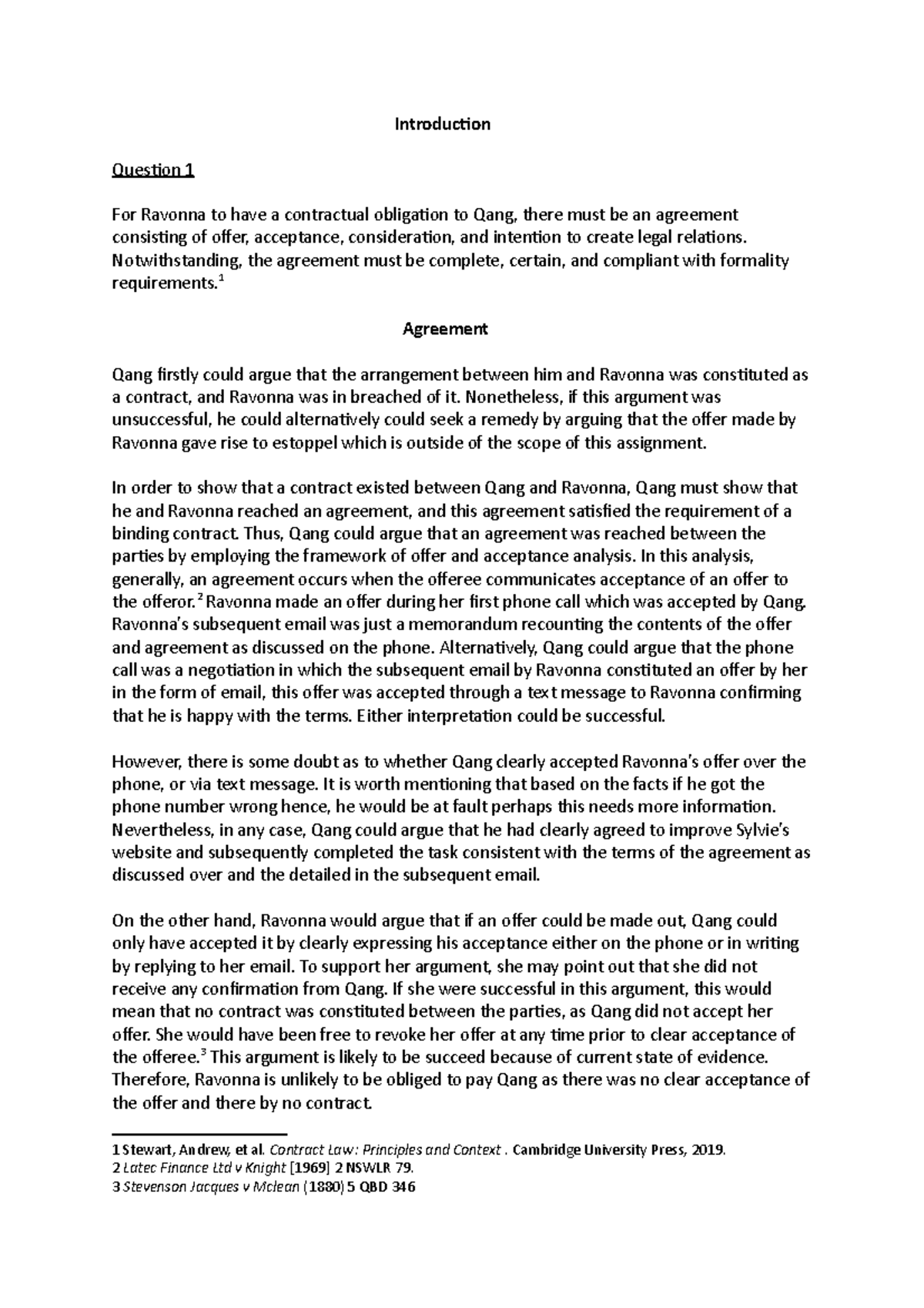 Contract law assignment - Introduction Question 1 For Ravonna to have a ...