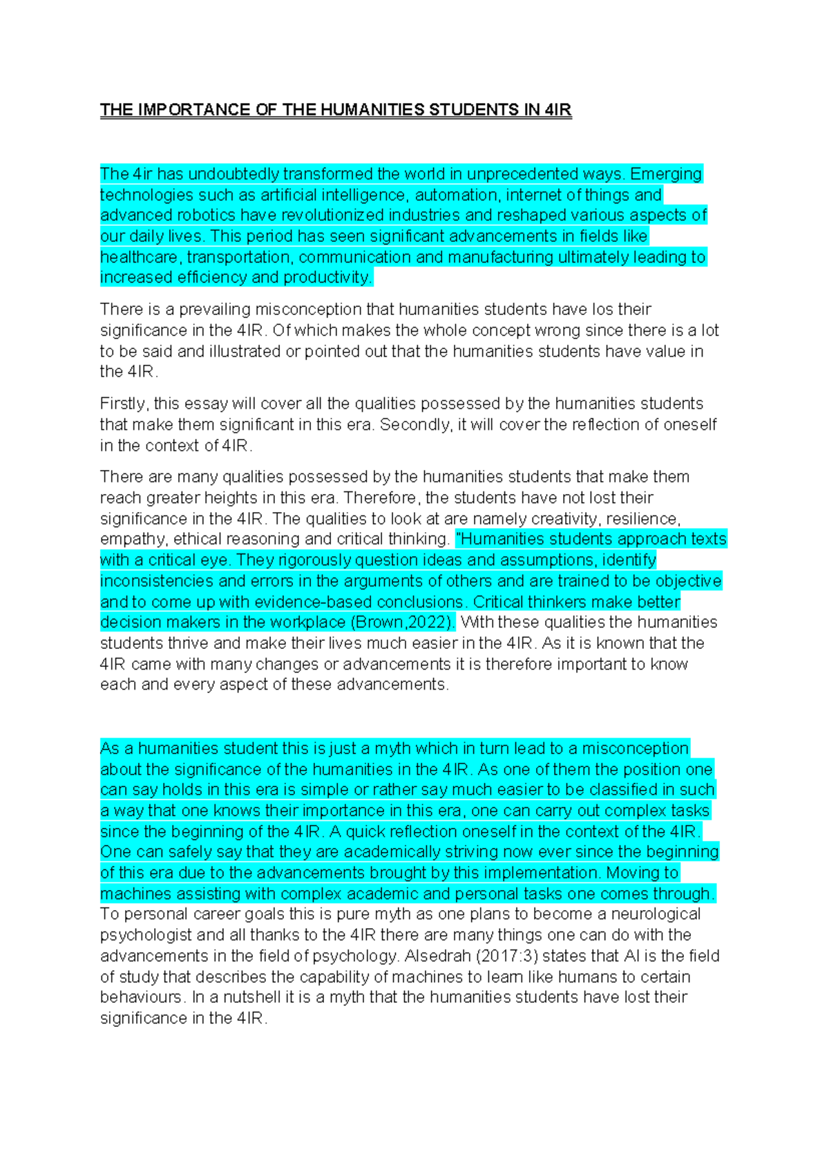 Final Draft - essay sample - THE IMPORTANCE OF THE HUMANITIES STUDENTS ...