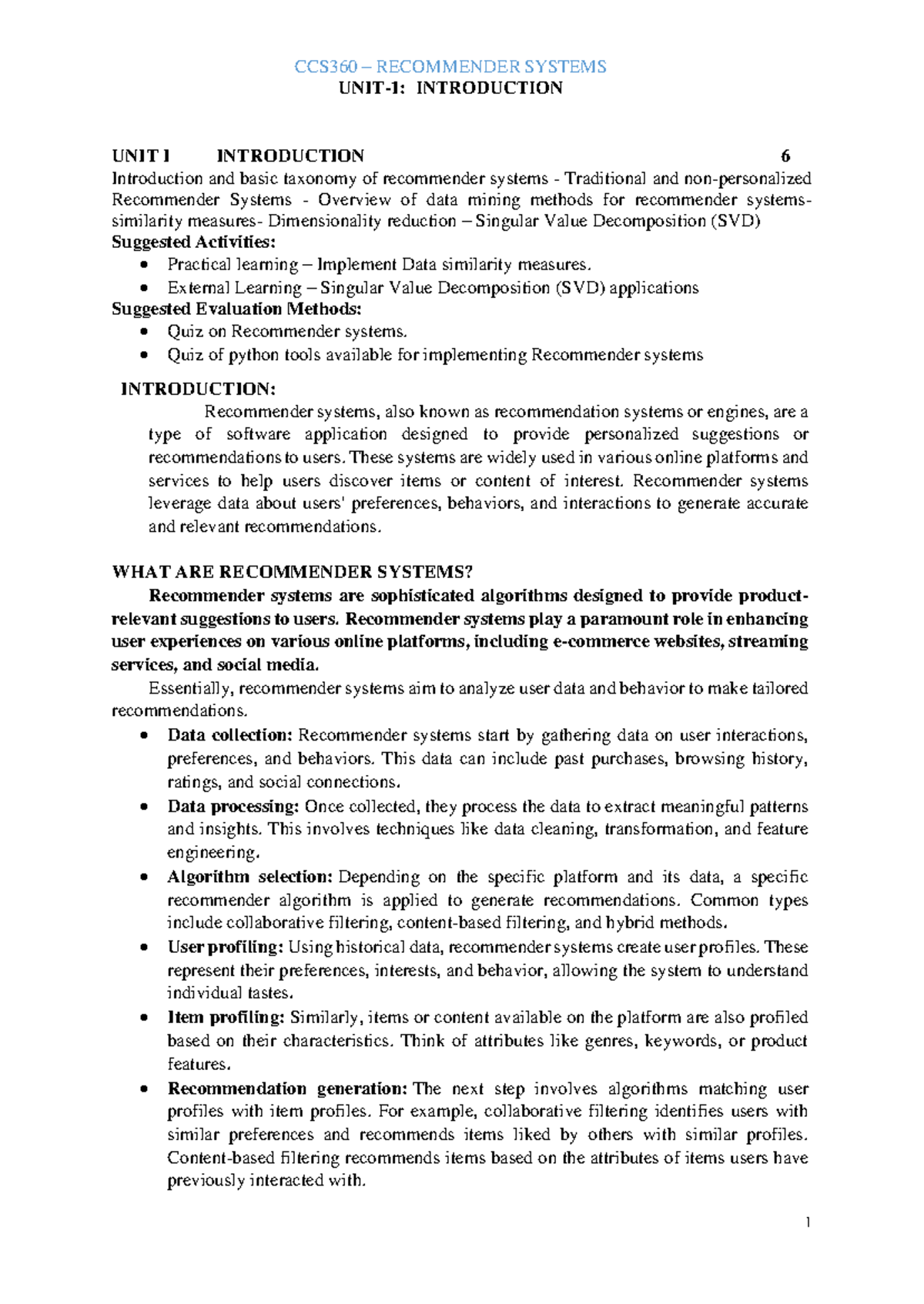 Recommender Systems Unit I Unit 1 Introduction Unit I Introduction 6 Introduction And Basic
