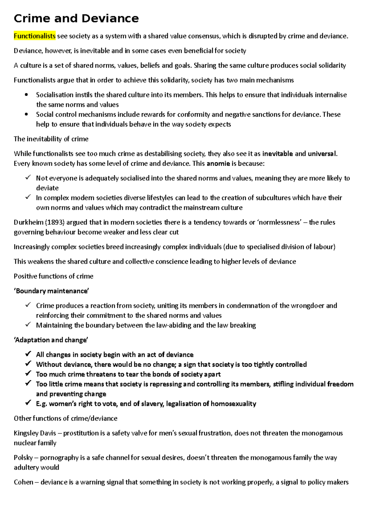 Crime and deviance notes - Crime and Deviance Functionalists see ...