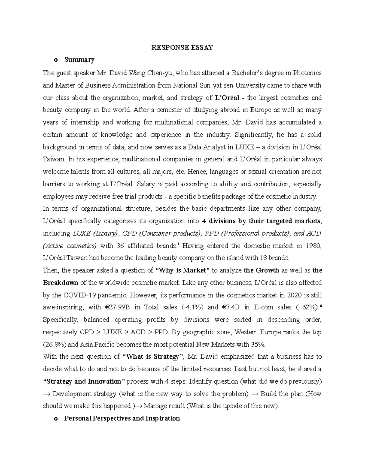 Week 9 - Summary of Guest speaker keynote - RESPONSE ESSAY o Summary ...