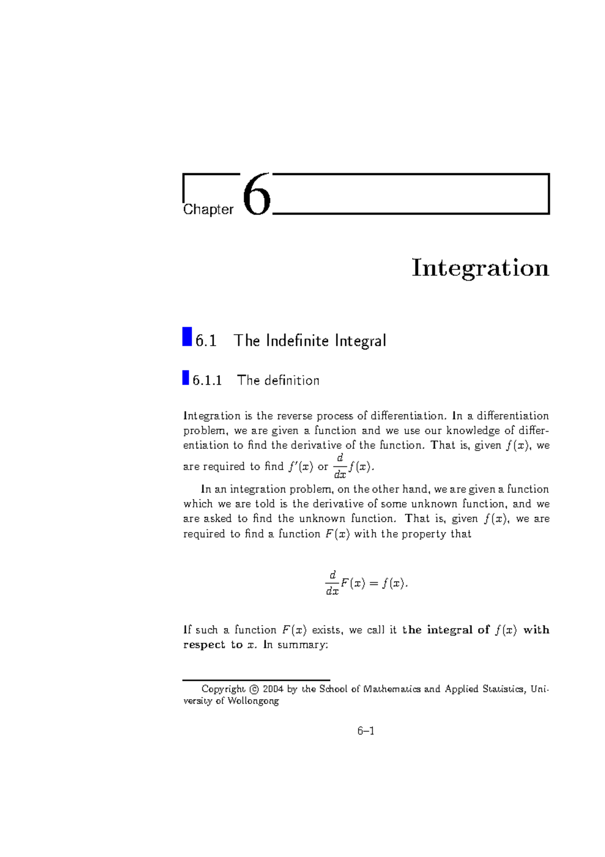 Chapter 6 integrationnotes - Chapter 6 Integration 6 The Indefinite ...
