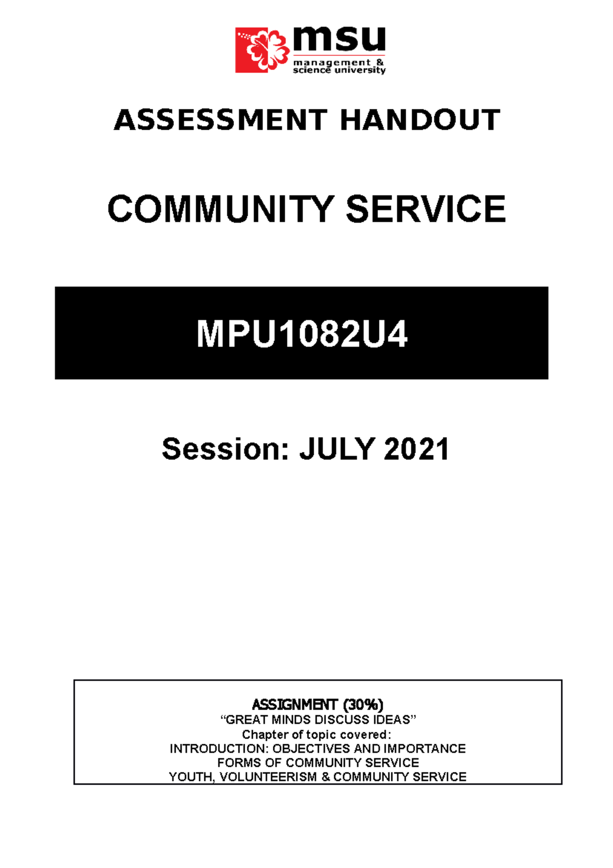 Assessment Handout JULY201 Assignment Community Service MPU1082U4 ...