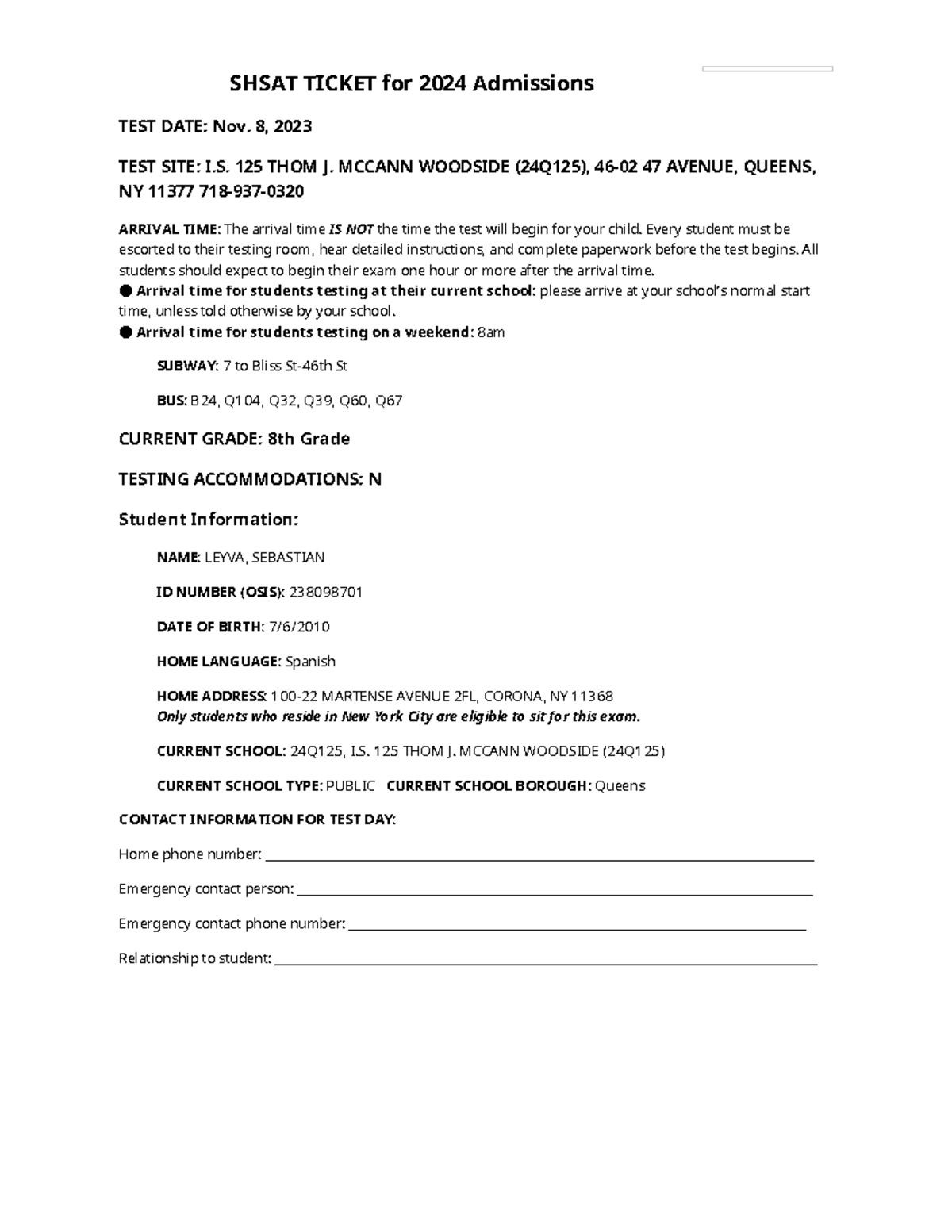 238098701 shsat ticket en - SHSAT TICKET for 2024 Admissions TEST DATE ...