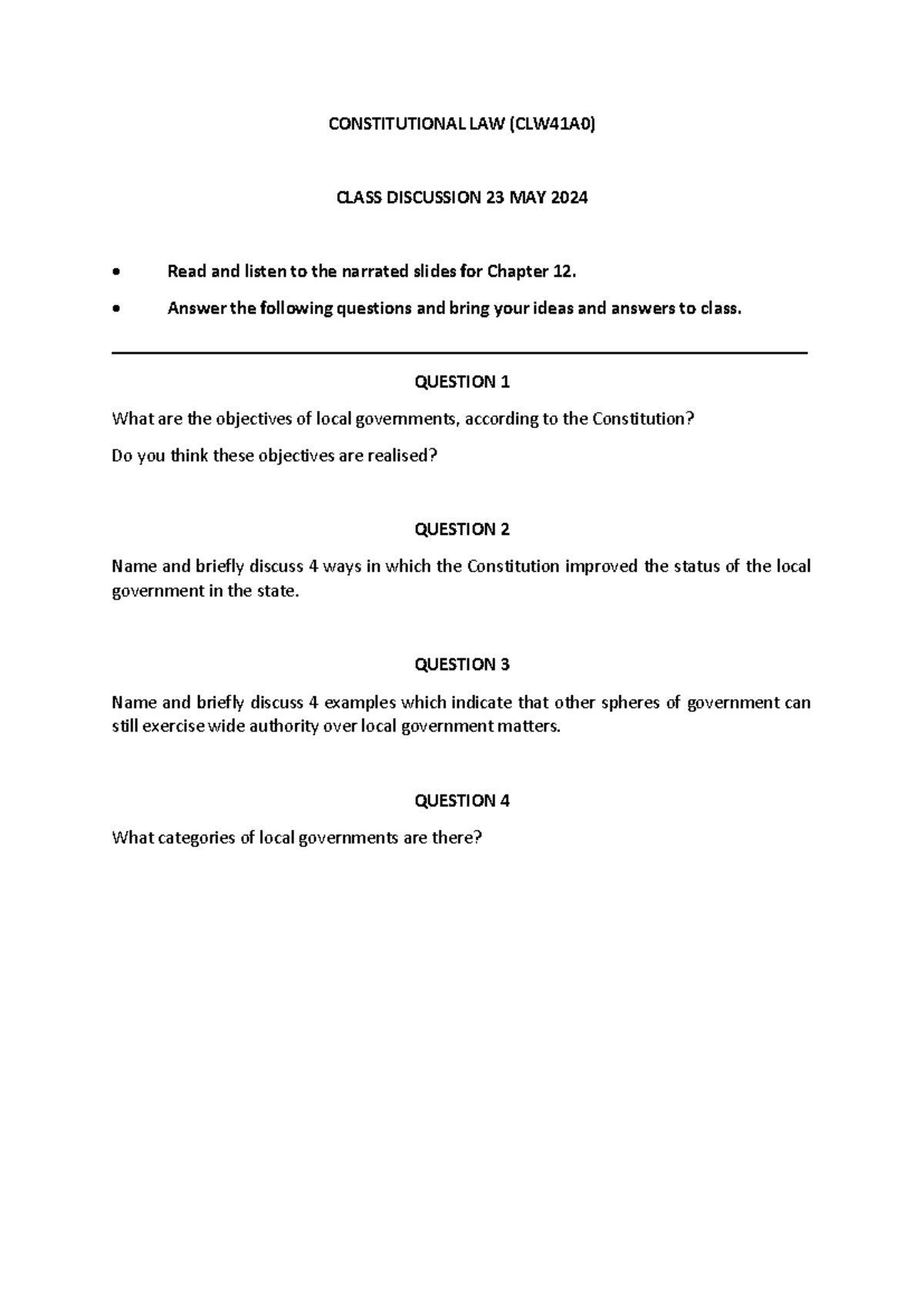 Chapter 12 class discussion - CONSTITUTIONAL LAW (CLW41A0) CLASS ...