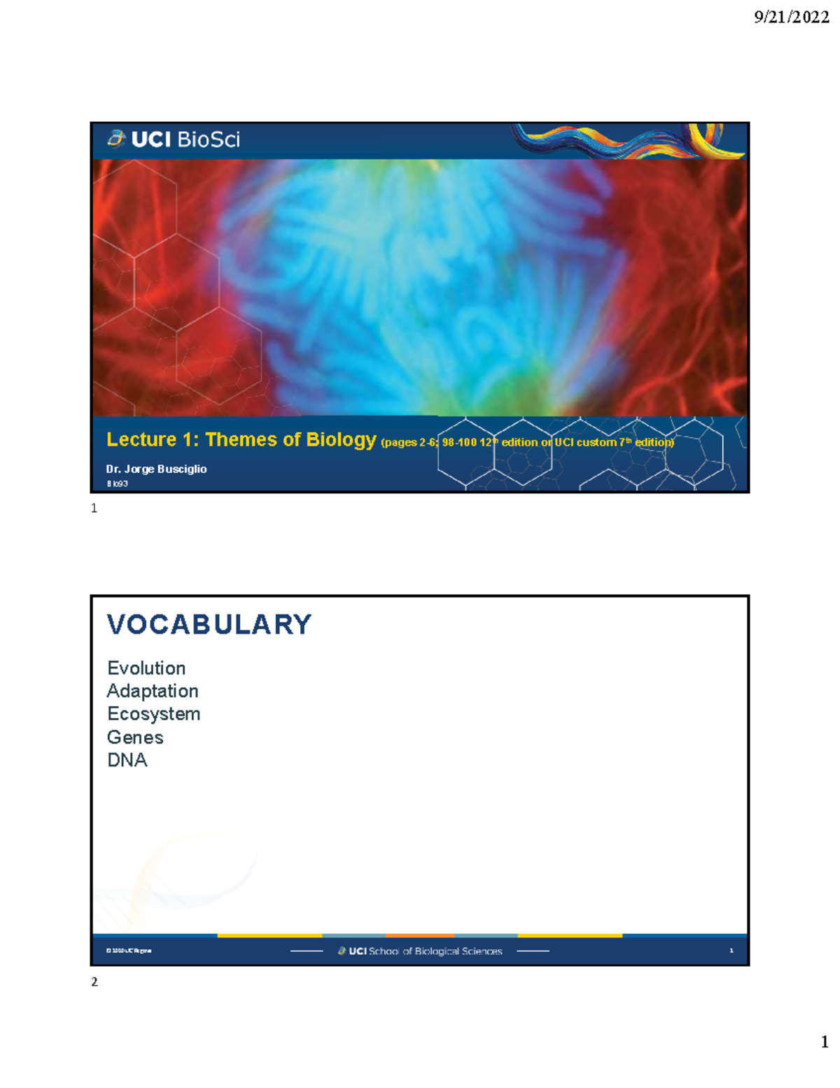 Lecture 1 Notes - © 2020 UC Regents 1 Lecture 1: Themes of Biology ...