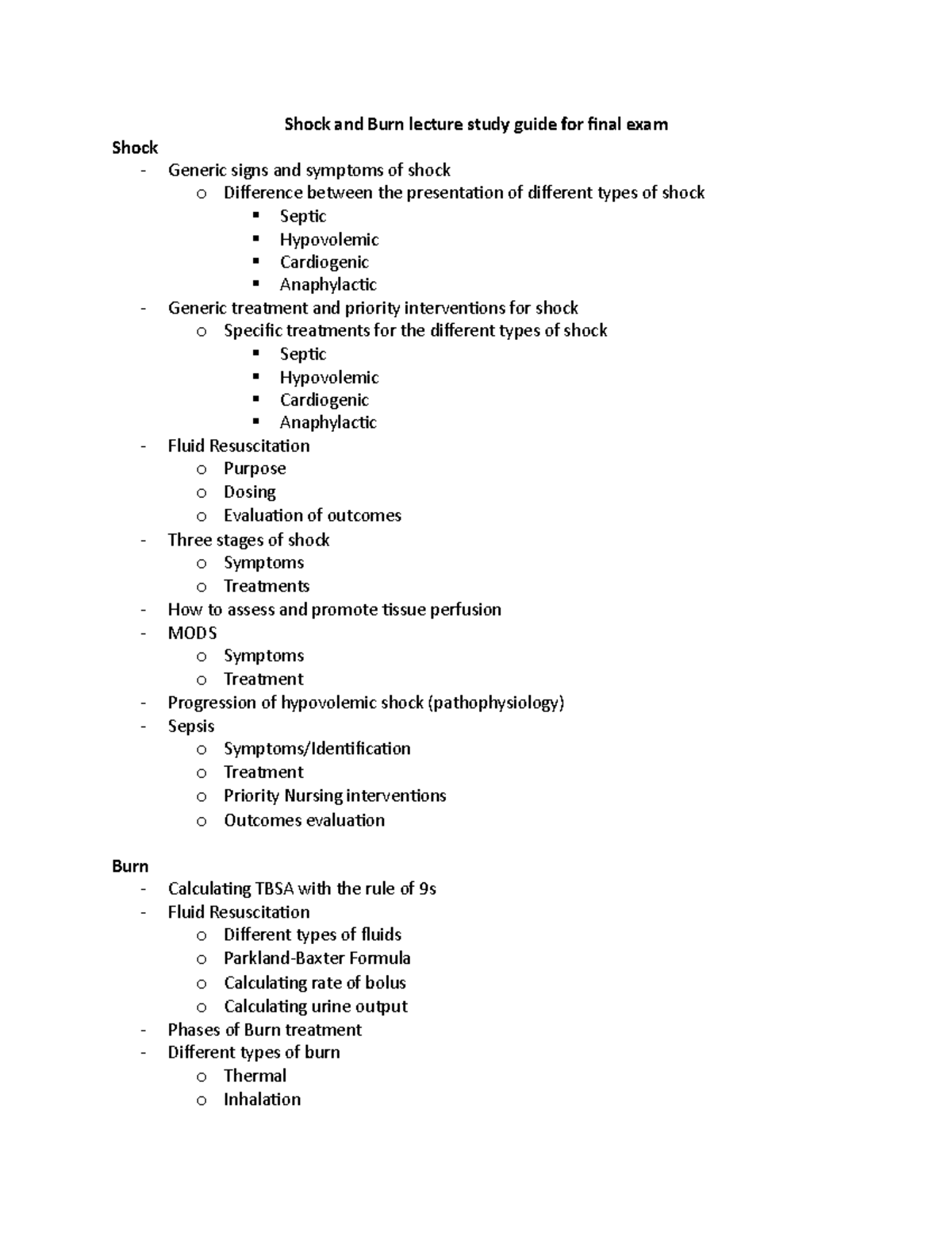 Burn and Shock study guide for final exam 2021 - Shock and Burn lecture ...