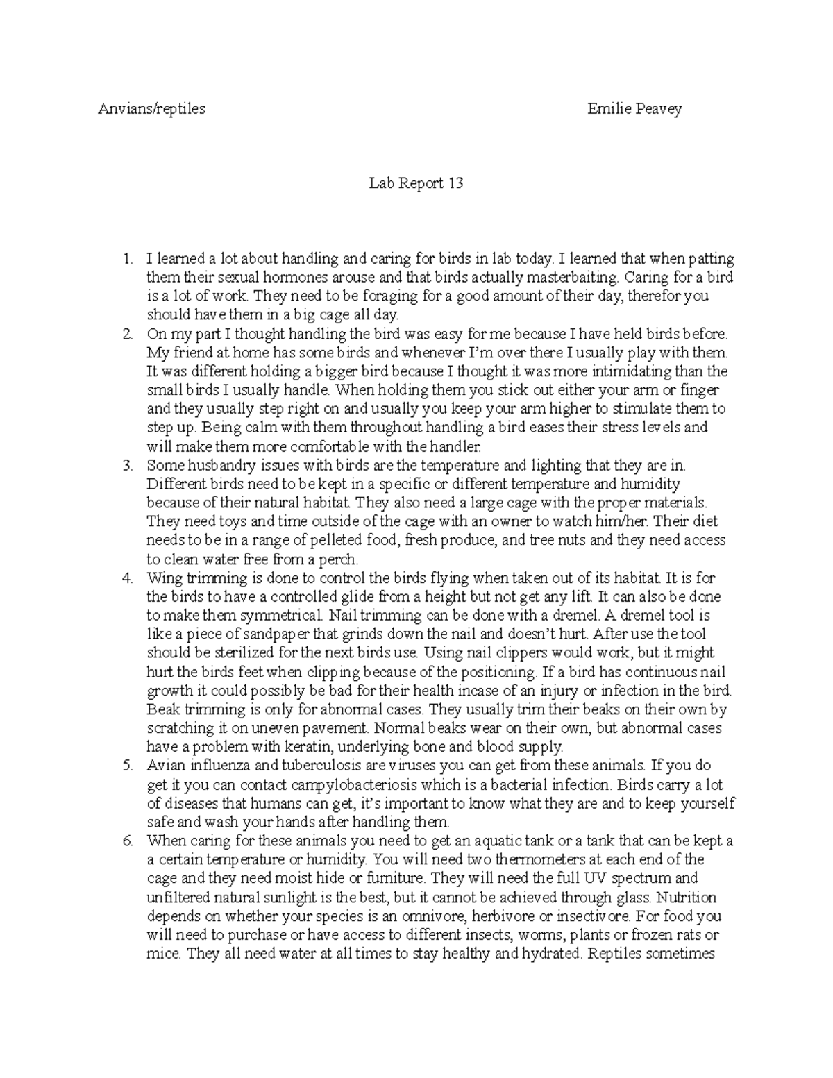Lab report 13 - lab - Anvians/reptiles Emilie Peavey Lab Report 13 1. I ...