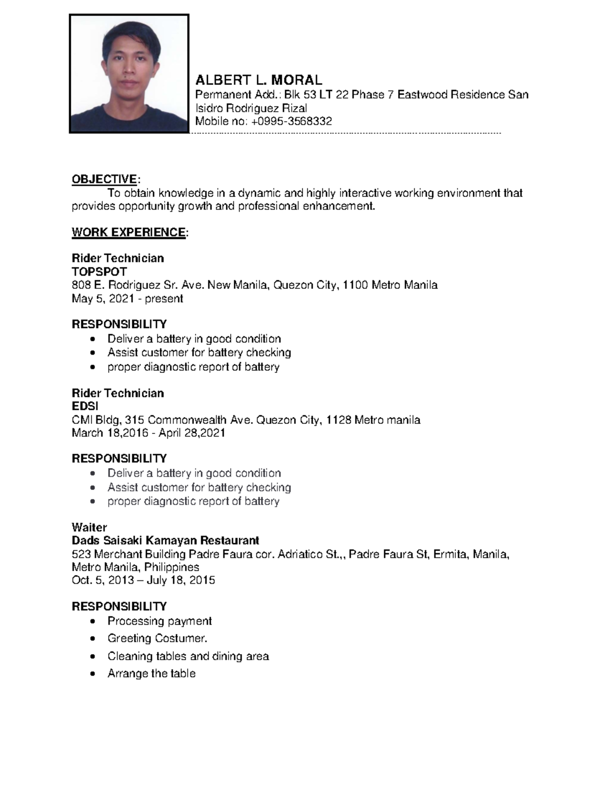Albert Resume - resme - ALBERT L. MORAL Permanent Add.: Blk 53 LT 22 ...