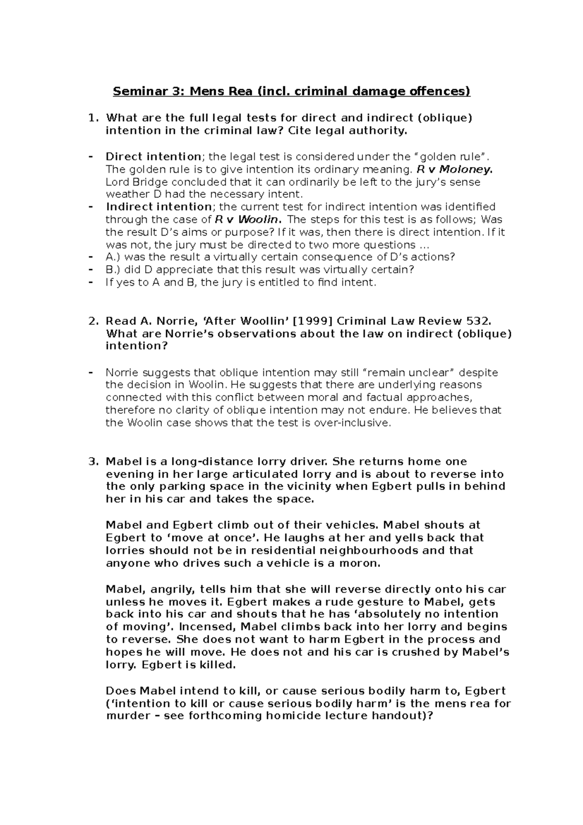 Seminar 3, mens rea - Seminar 3: Mens Rea (incl. criminal damage ...