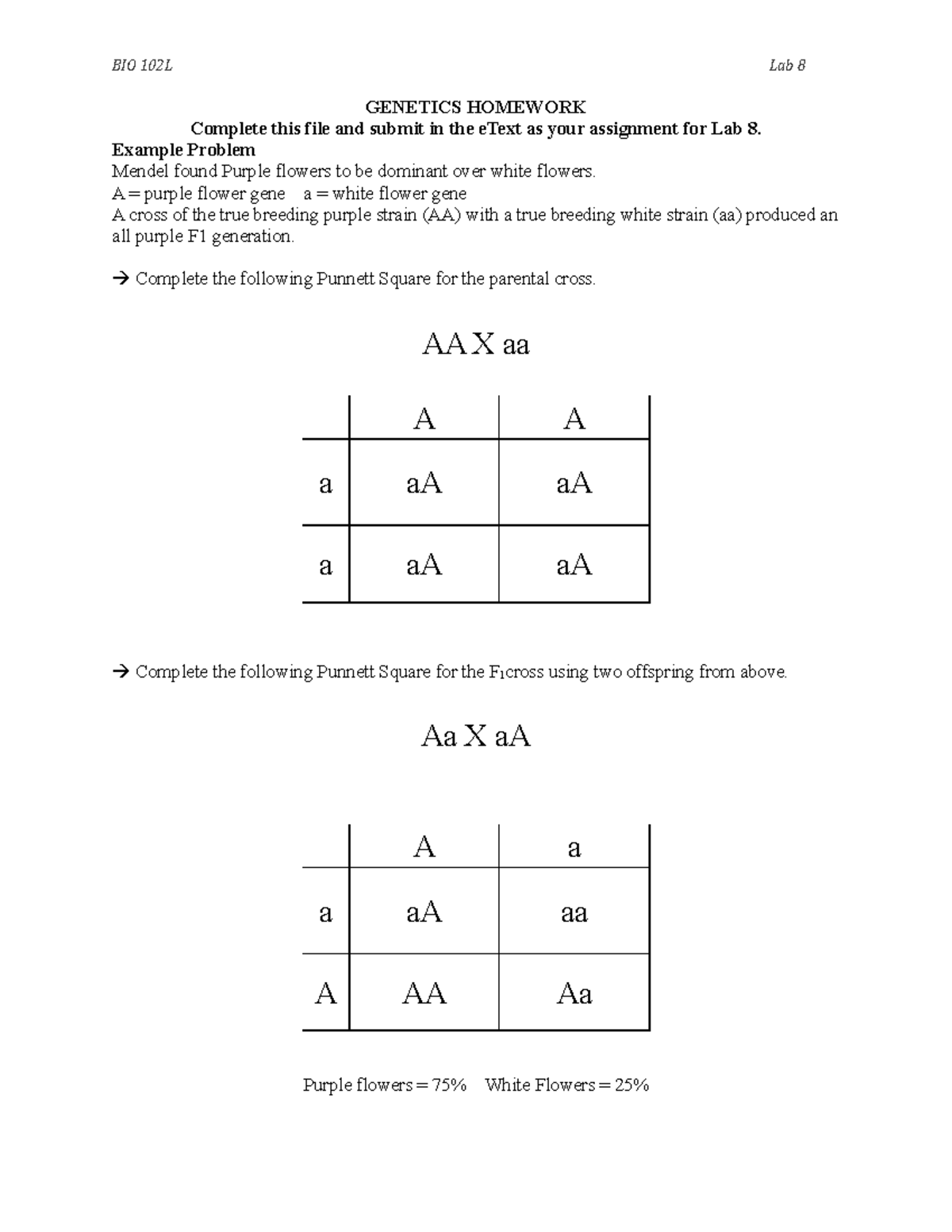 BIO 102 Lab08 Genetics Homework - BIO 102L Lab 8 GENETICS HOMEWORK ...