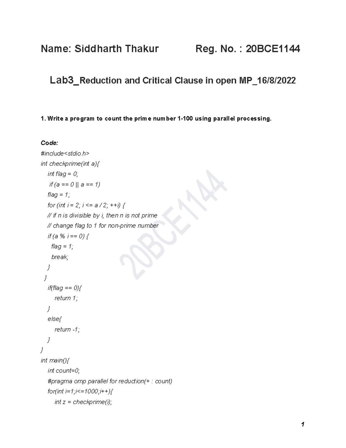 20BCE1144 CSE4001 LAB3 - Name: Siddharth Thakur Reg. No. : 20BCE Lab3_Reduction and Critical ...