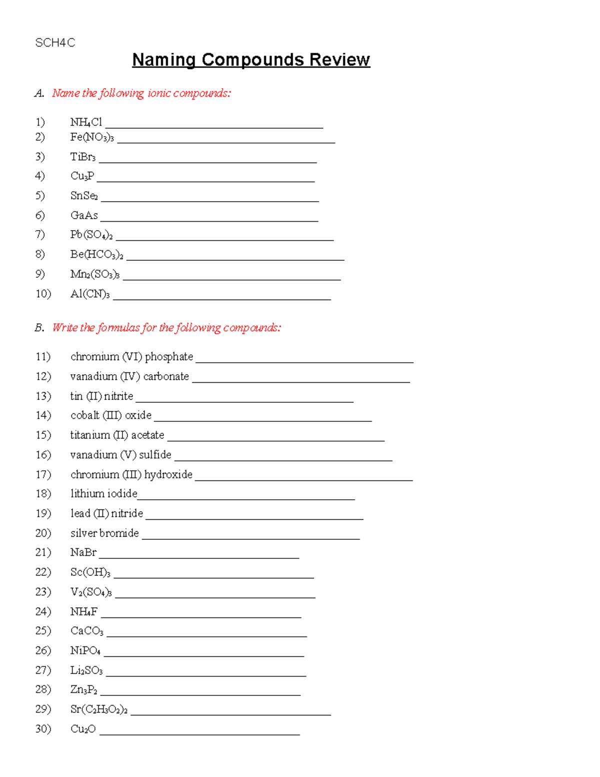 SCH4C Naming Compounds Review - Naming Compounds Review A. Name the ...