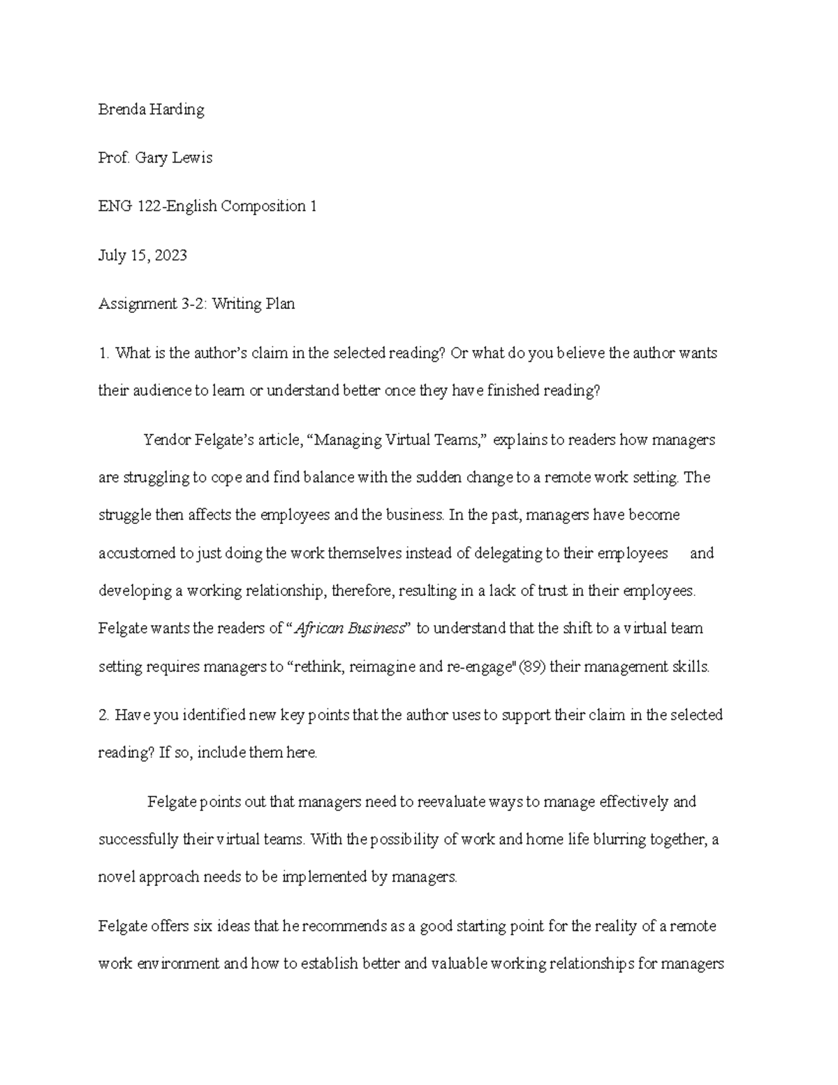 3-2 Writing Plan Brenda H - Brenda Harding Prof. Gary Lewis ENG 122 ...