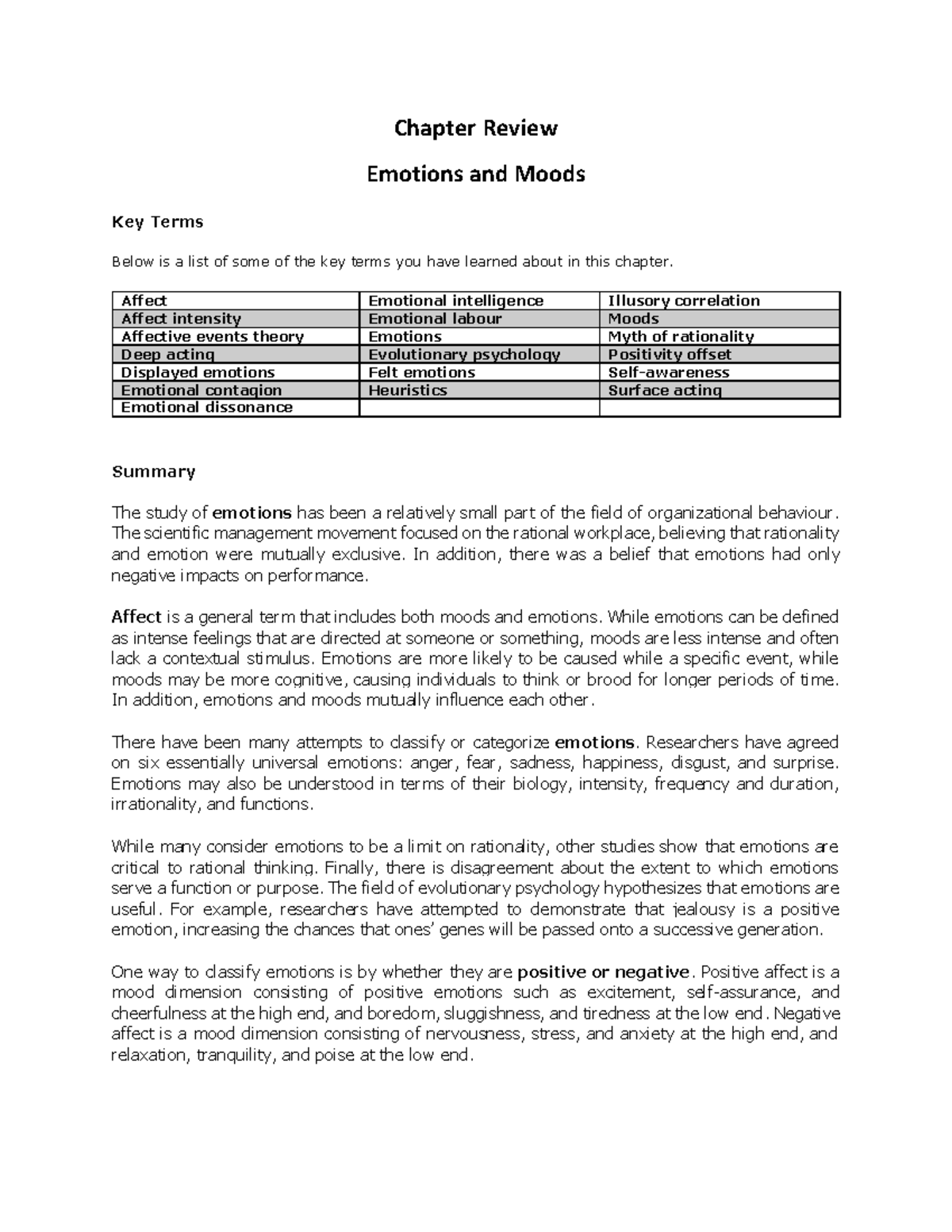 Chapter Review Emotions and Moods - Chapter Review Emotions and Moods ...